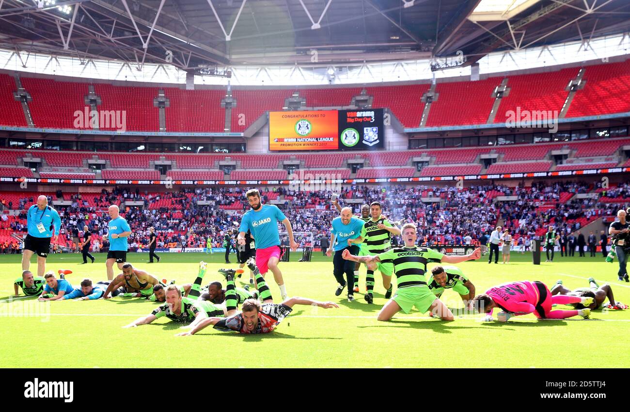 Forest Green Rovers' celebrate their victory Stock Photo - Alamy