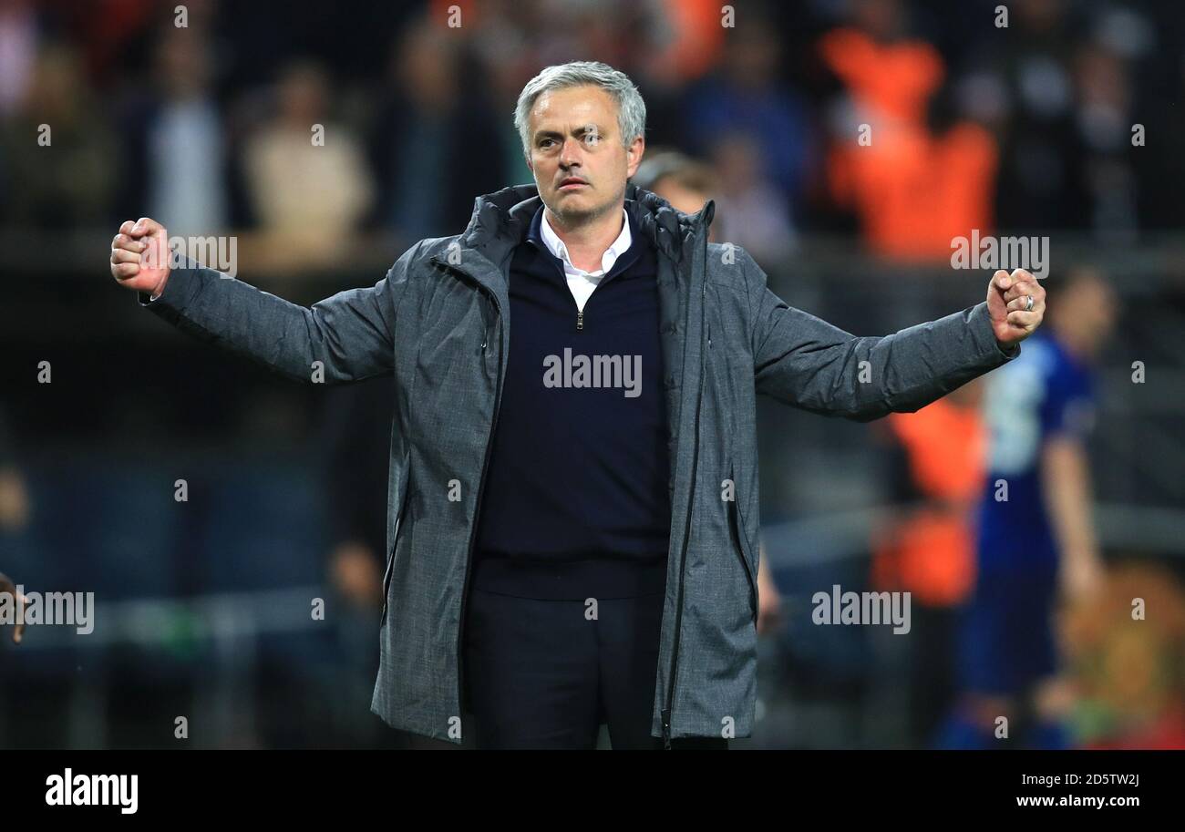 Manchester United manager Jose Mourinho celebrates on the pitch after ...