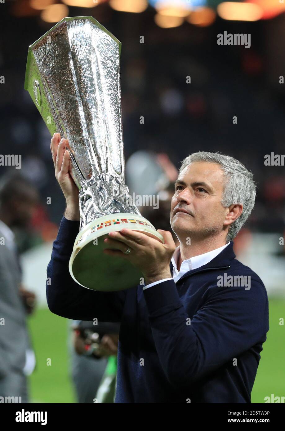 Manchester United manager Jose Mourinho celebrates with the UEFA Europa ...