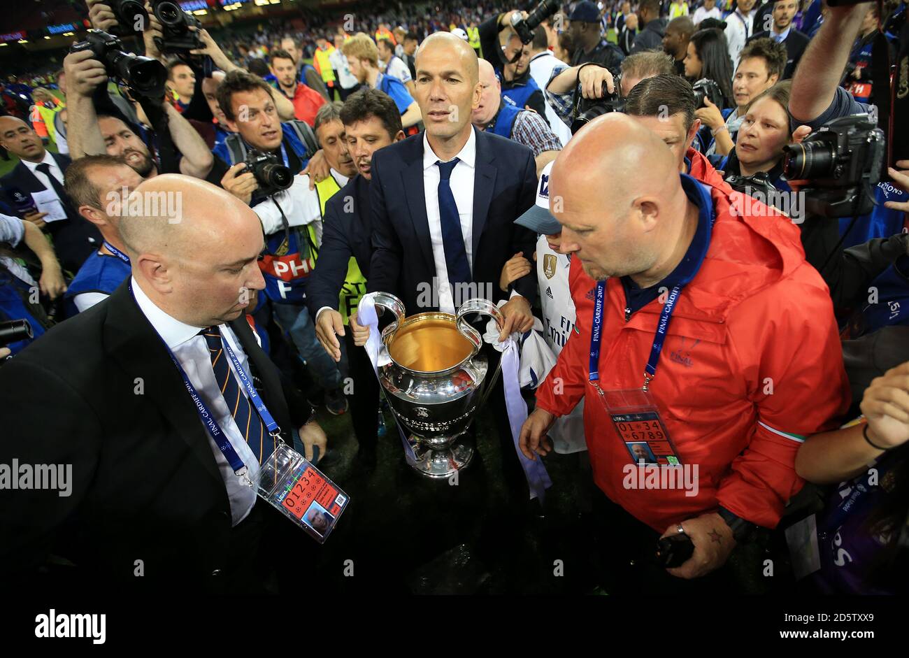 Real Madrid manager Zinedine Zidane with the trophy after the 2017 ...