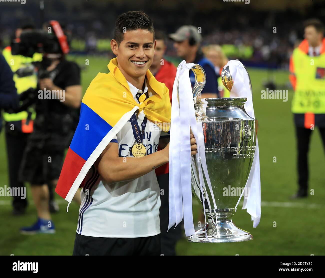 Real Madrid's James Rodriguez celebrates with the trophy after the 2017 ...