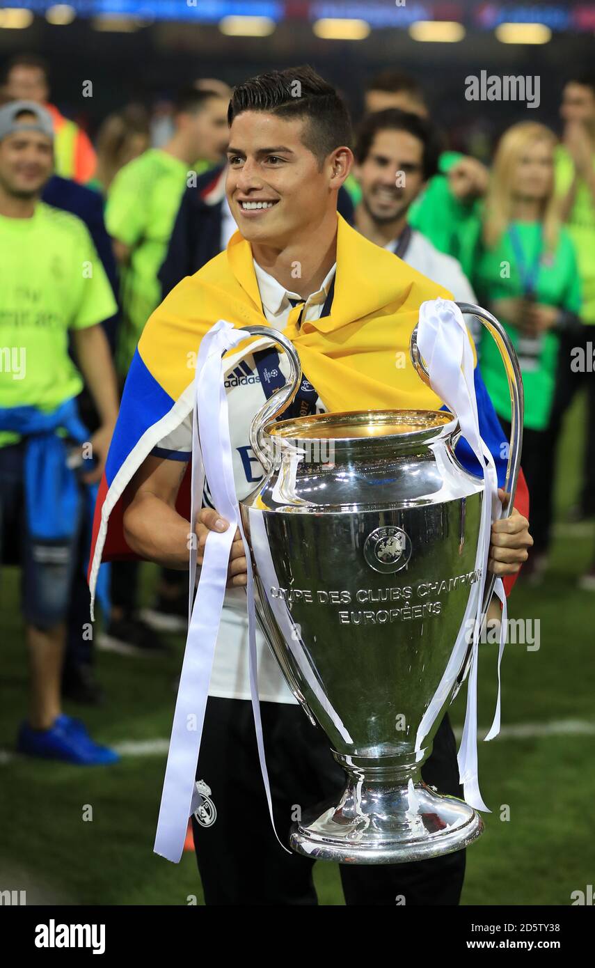 Real Madrid's James Rodriguez celebrates with the trophy after the 2017 ...