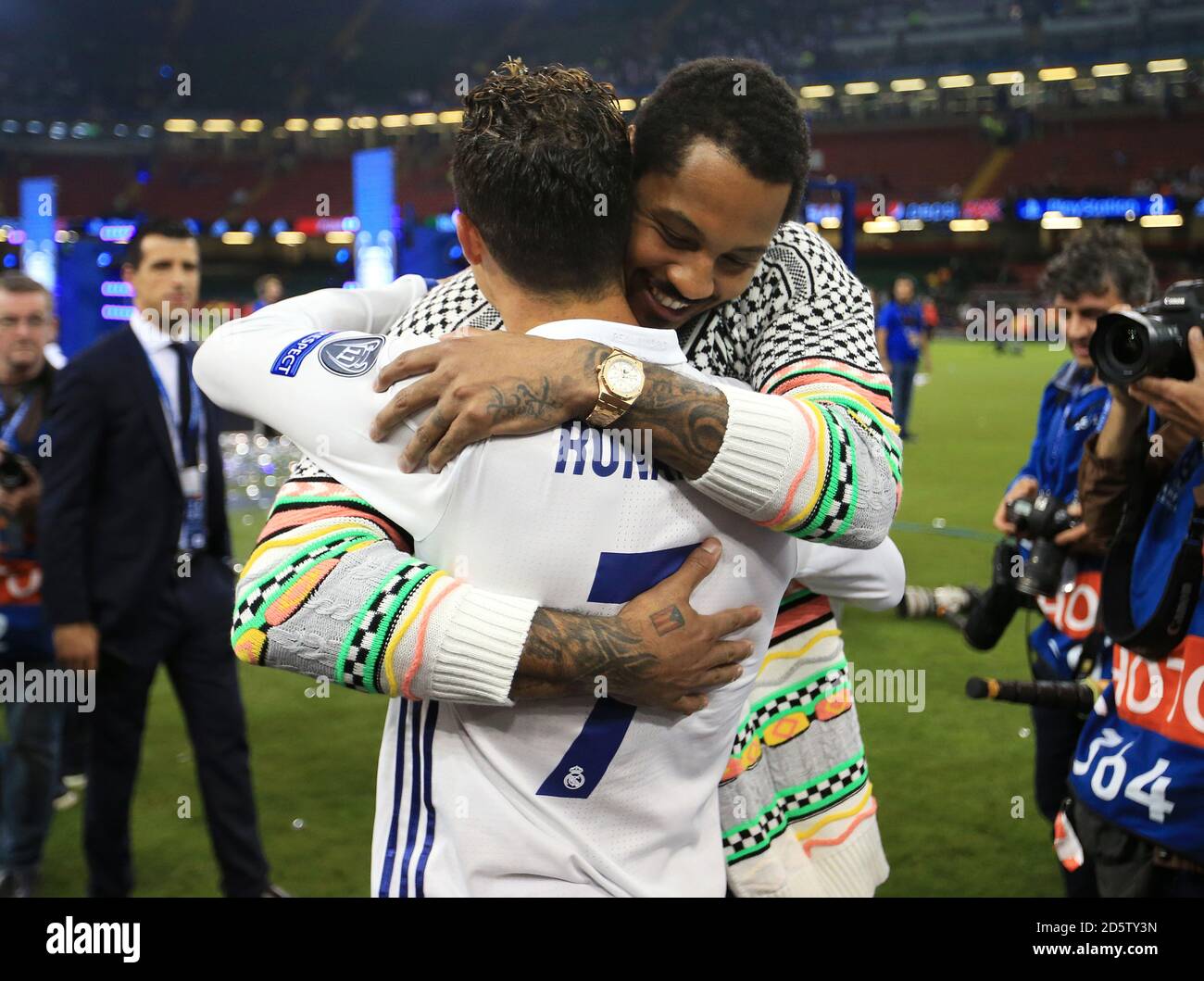 Real Madrid's Cristiano Ronaldo (left) is congratulated by NBA player ...