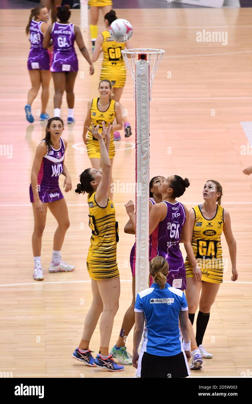 Wasps Netball's Rachel Dunn scores a goal during the Vitality Netball ...