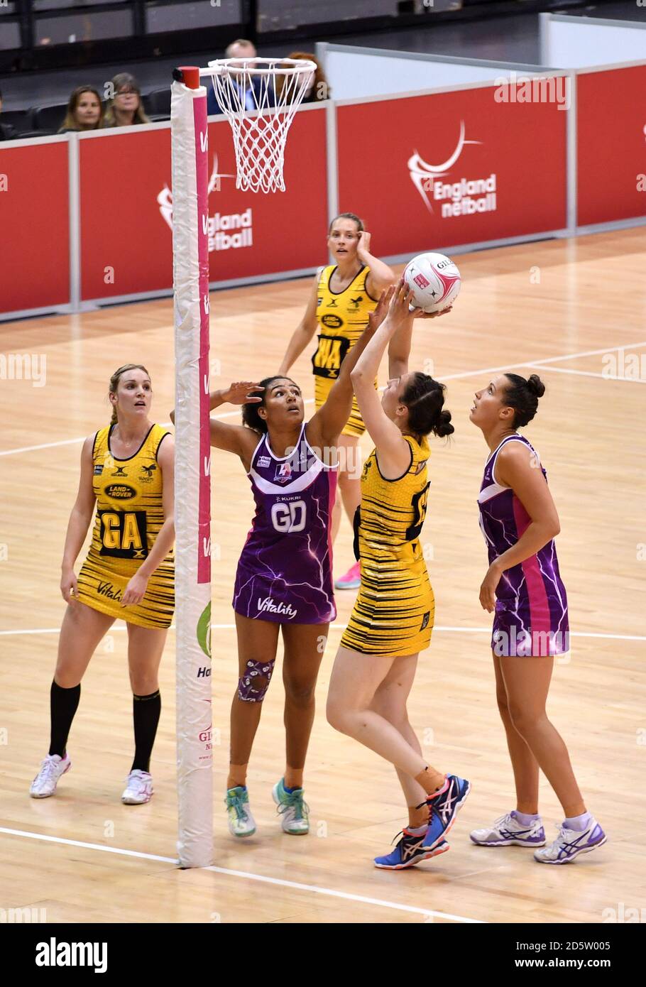 Wasps Netball's Rachel Dunn (second right) scores a goal during the ...