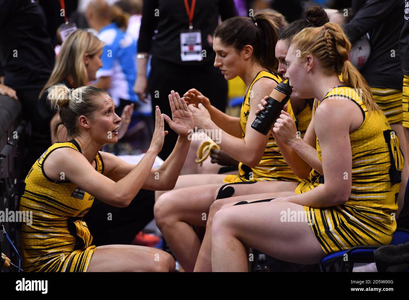 Wasps Netball's Tasmin Greenway (left) and teammates during a team talk ...