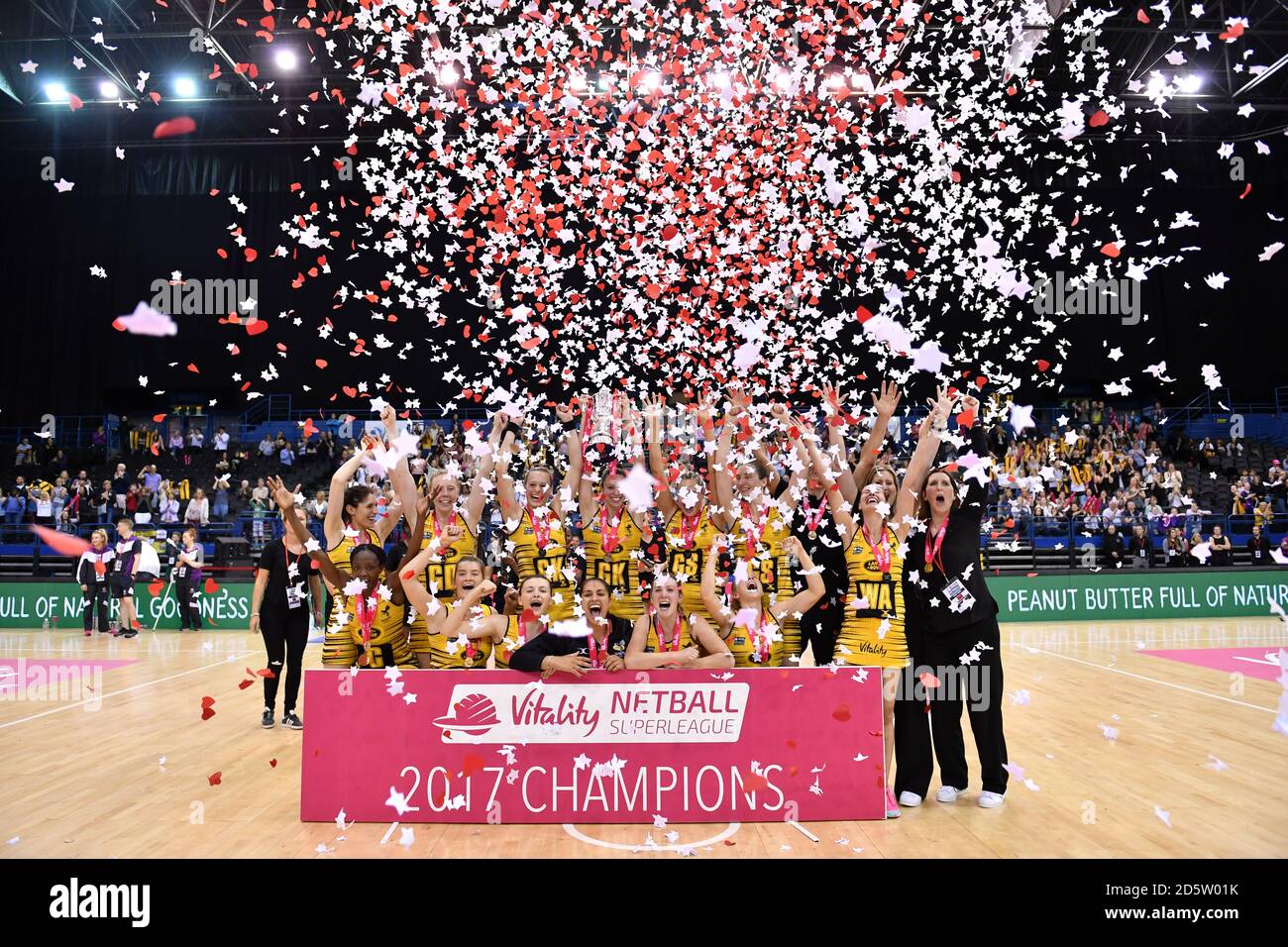 Wasps Netball lift the tropy as they celebrate winning the Vitality ...