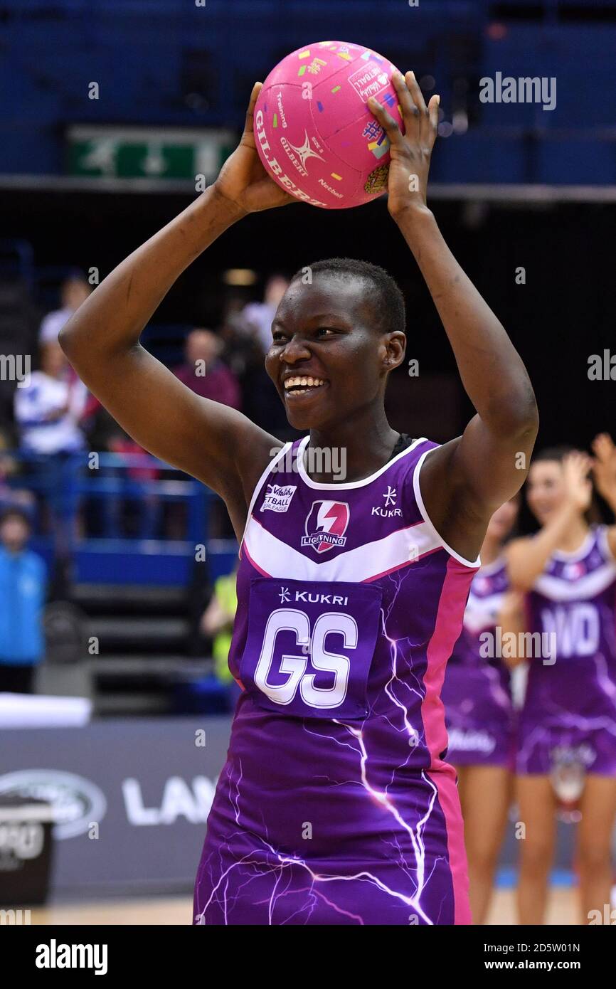 Loughborough Lightning's Peace Proscovia receives an award during the ...
