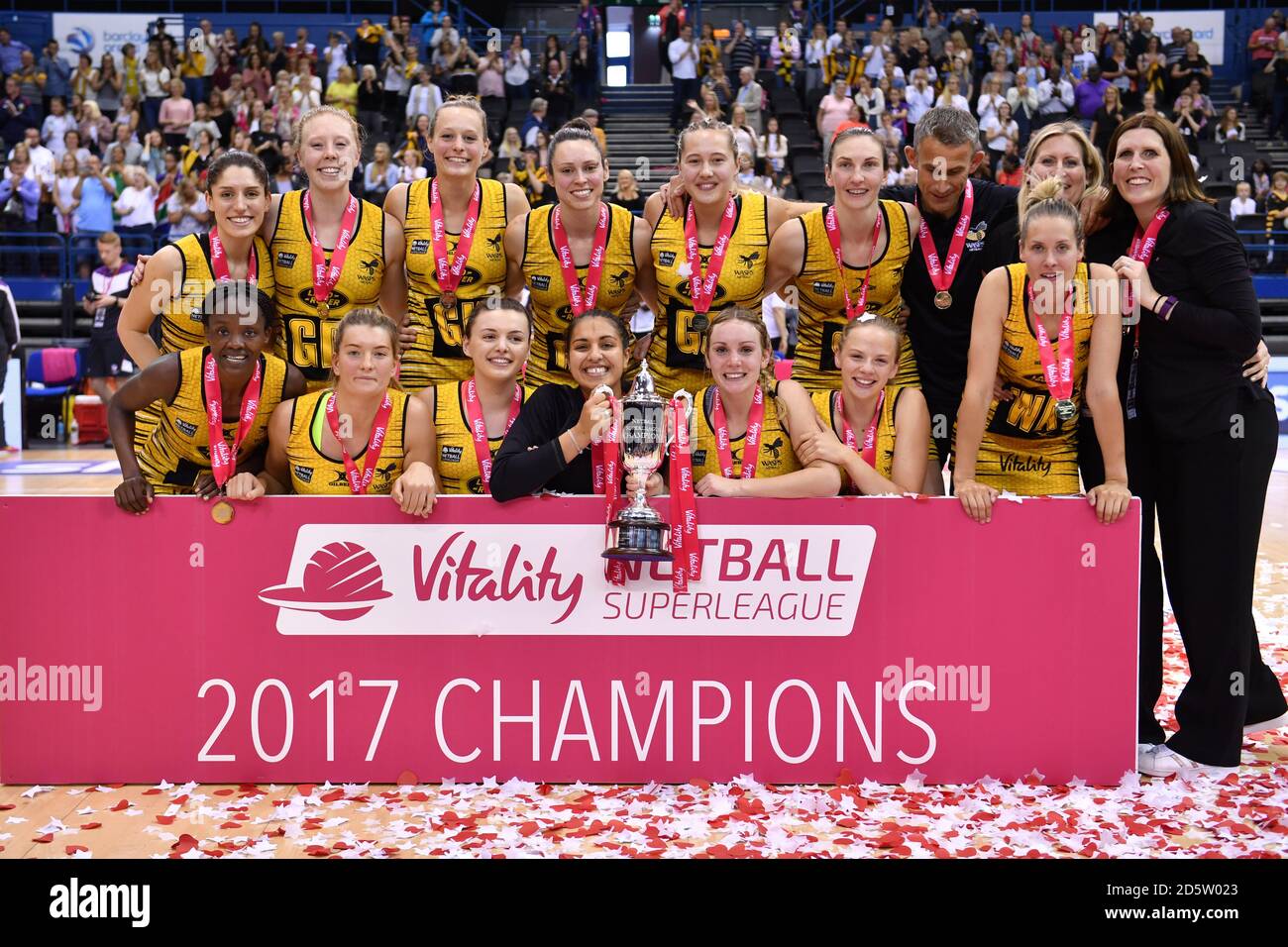Wasps Netball lift the tropy as they celebrate winning the Vitality ...