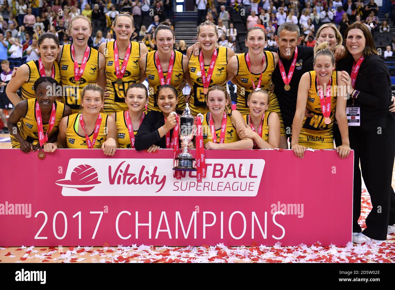 Wasps Netball lift the tropy as they celebrate winning the Vitality ...