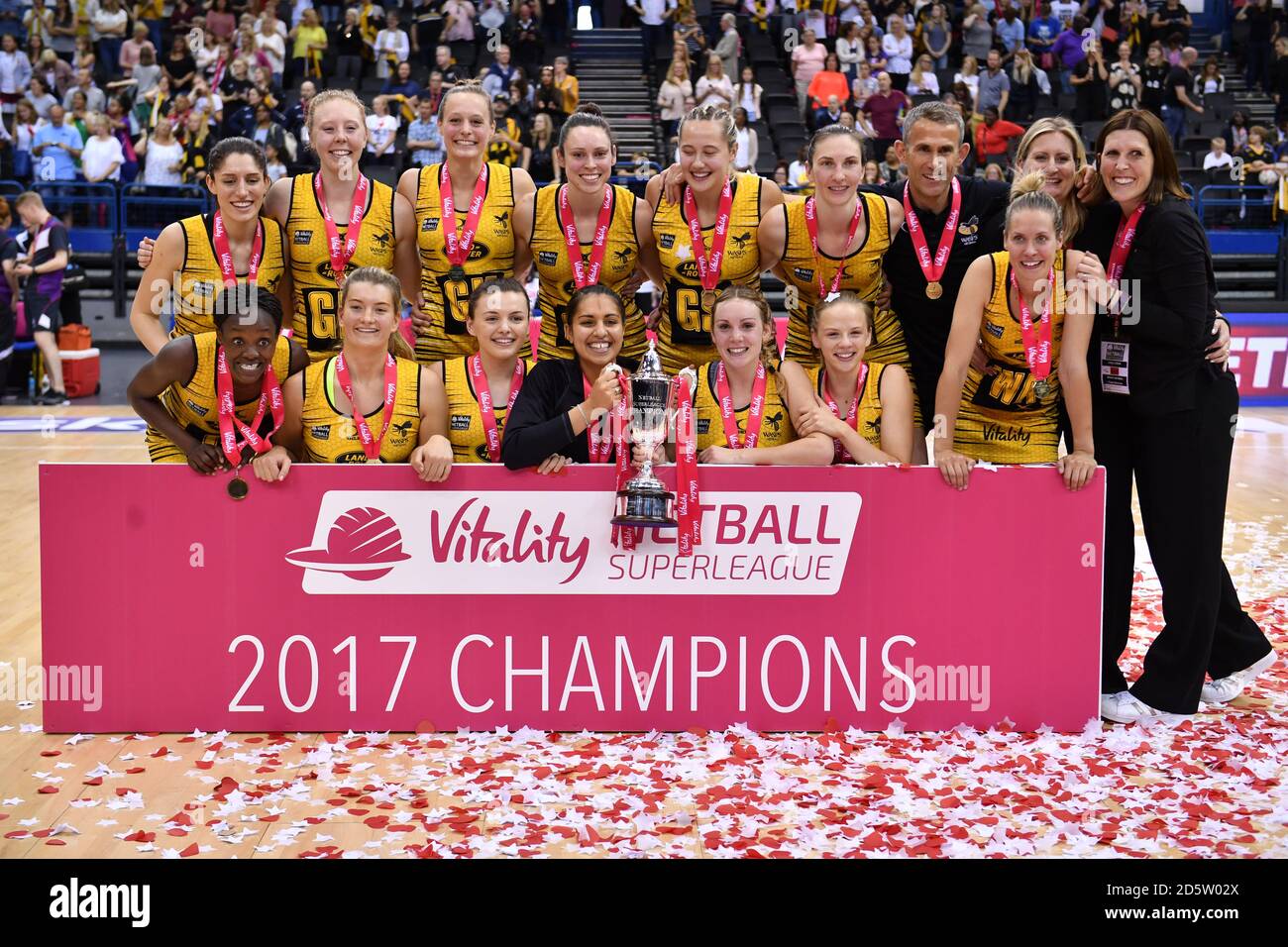 Wasps Netball lift the tropy as they celebrate winning the Vitality ...
