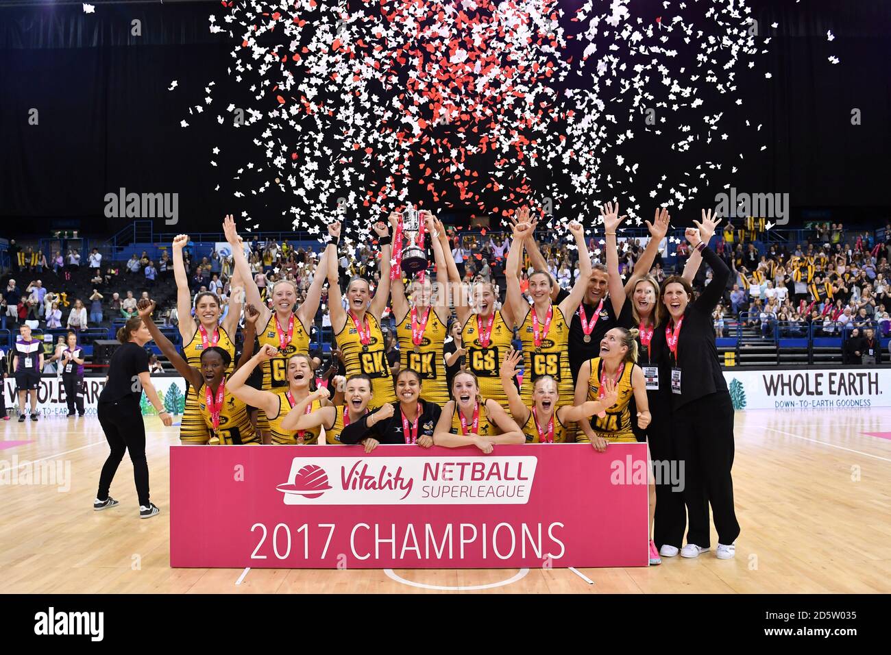 Wasps Netball lift the tropy as they celebrate winning the Vitality ...