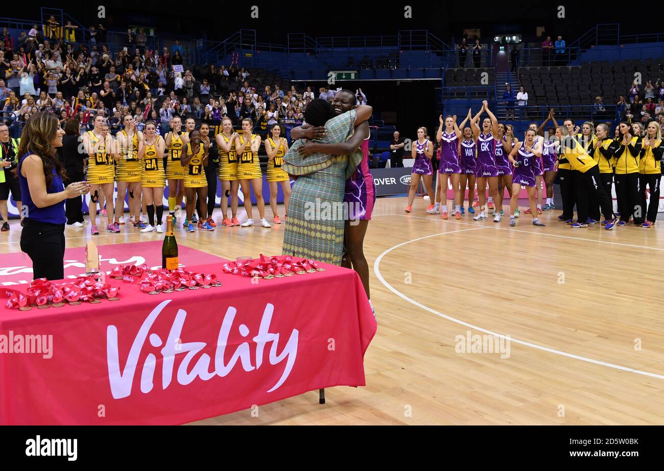 Loughborough Lightning's Peace Proscovia receives an award during the ...