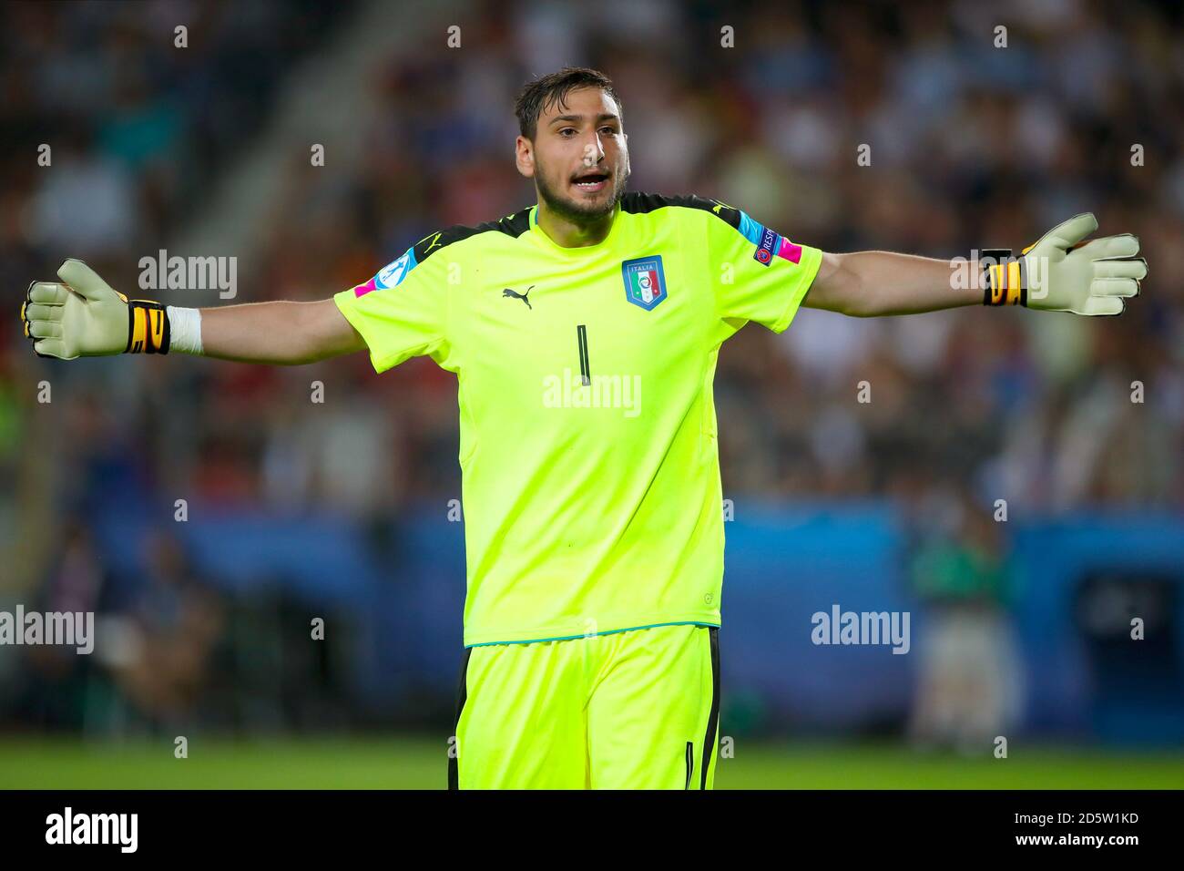 Italy Goalkeeper Gianluigi Donnarumma appeals to the linesman behind ...