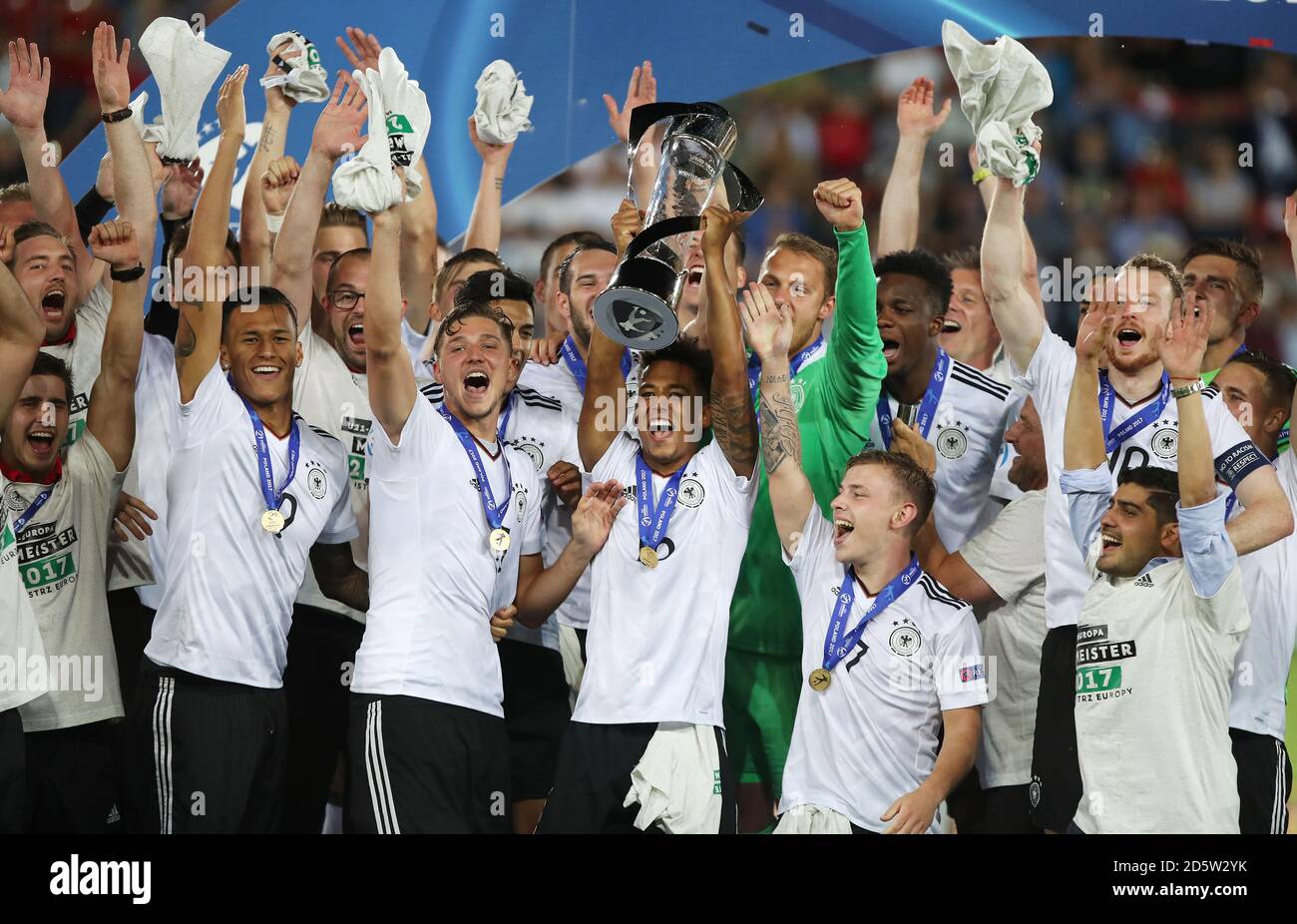 Germany's Thilo Kehrer (centre) lifts the UEFA European Under-21 ...