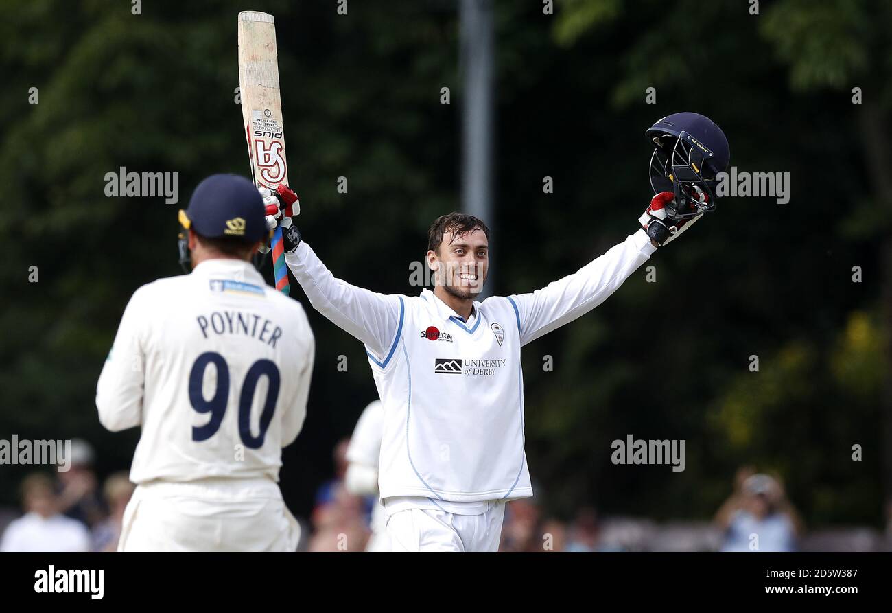 Derbyshire's Alex Hughes celebrates making a century against Durham ...