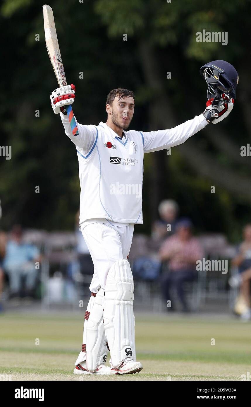 Derbyshire's Alex Hughes celebrates making a century against Durham ...