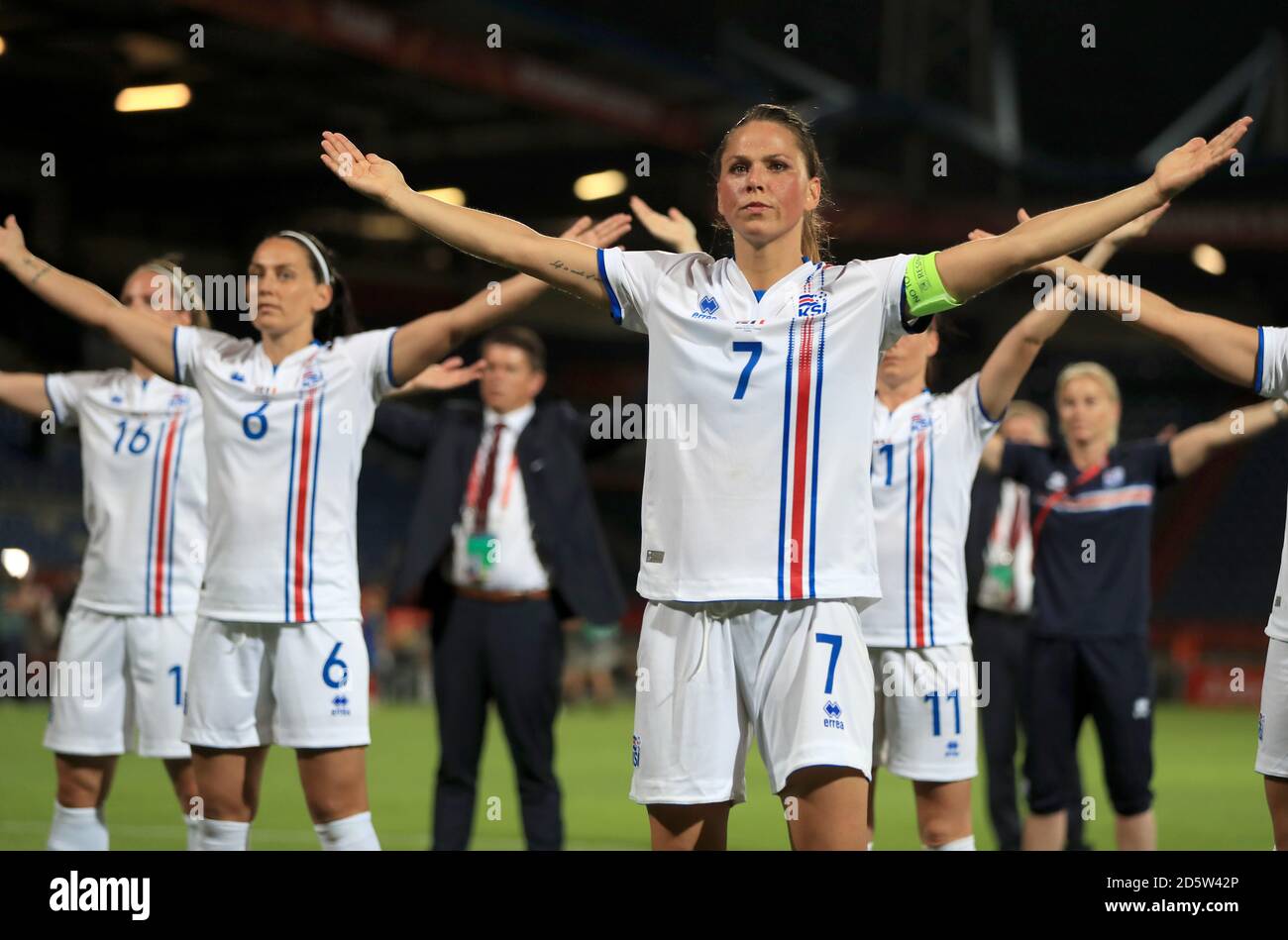 Iceland's Sara Bjork Gunnarsdottir (centre right) and team mates ...