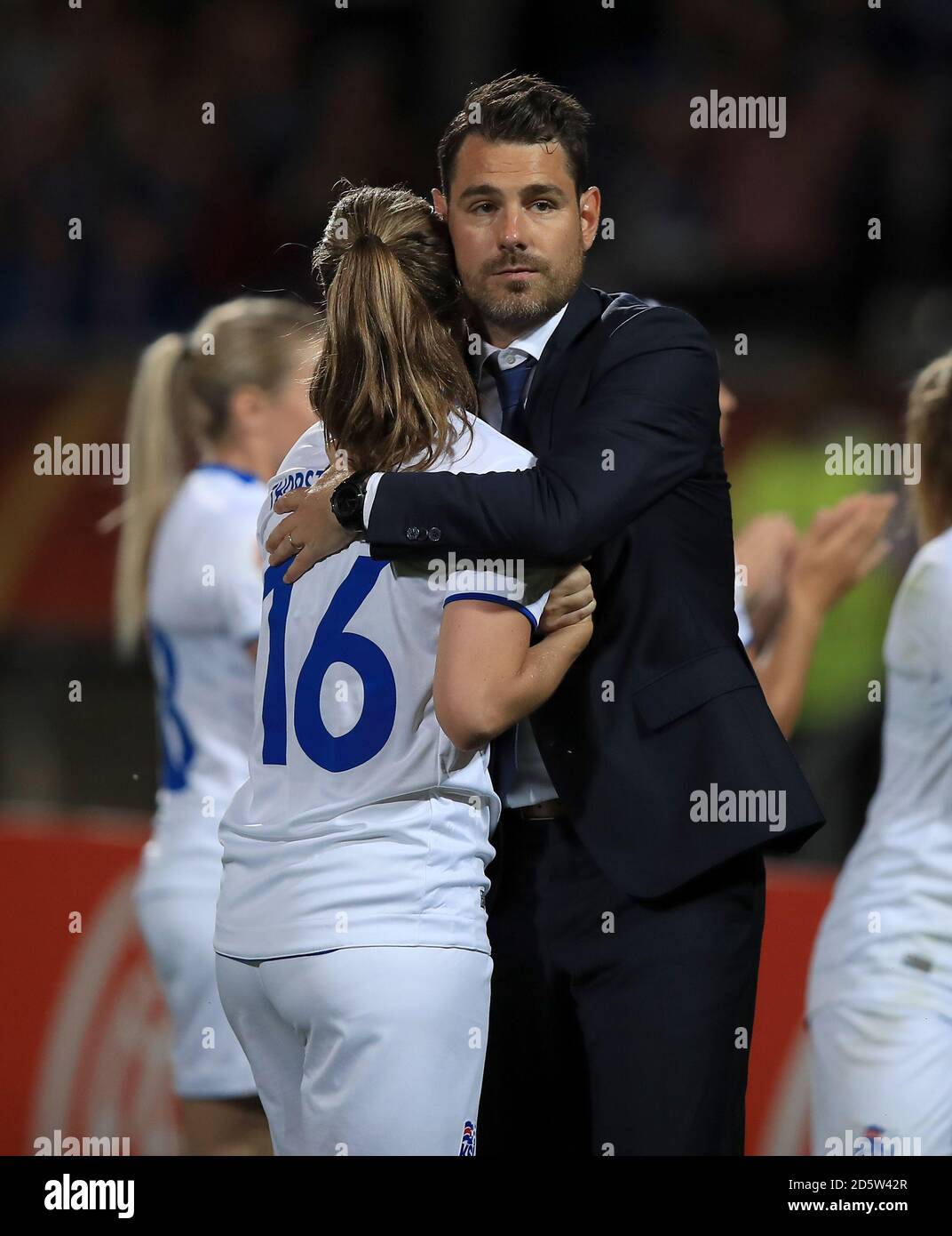 Iceland's head coach Freyr Alexandersson (right) and Harpa ...