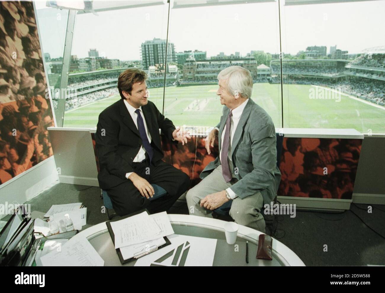 Channel Four commentators Mark Nicholas (Left) and Richie Benaud (Right ...