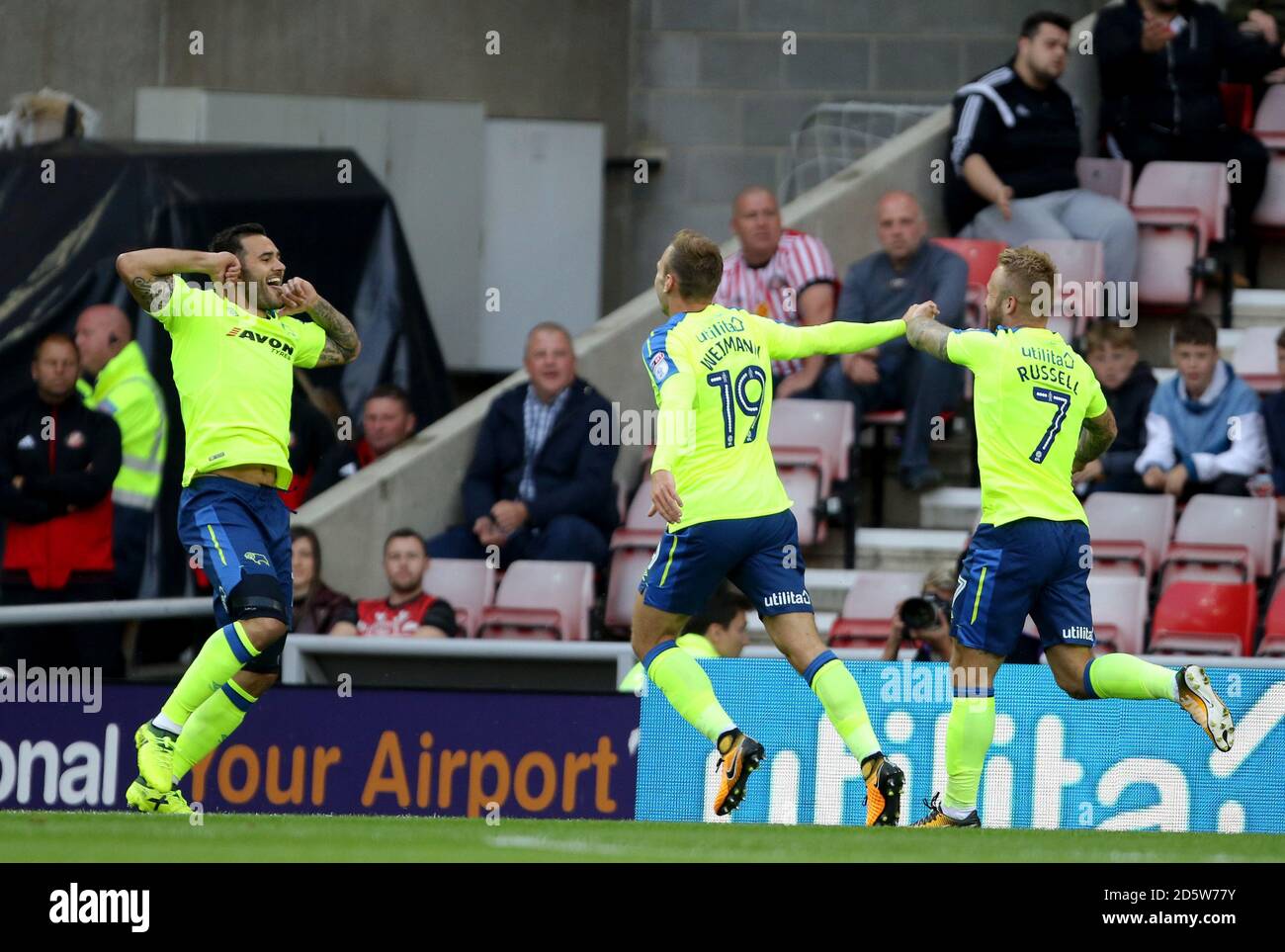 Derby County's Bradley Johnson (left) celebrates scoring his side's ...