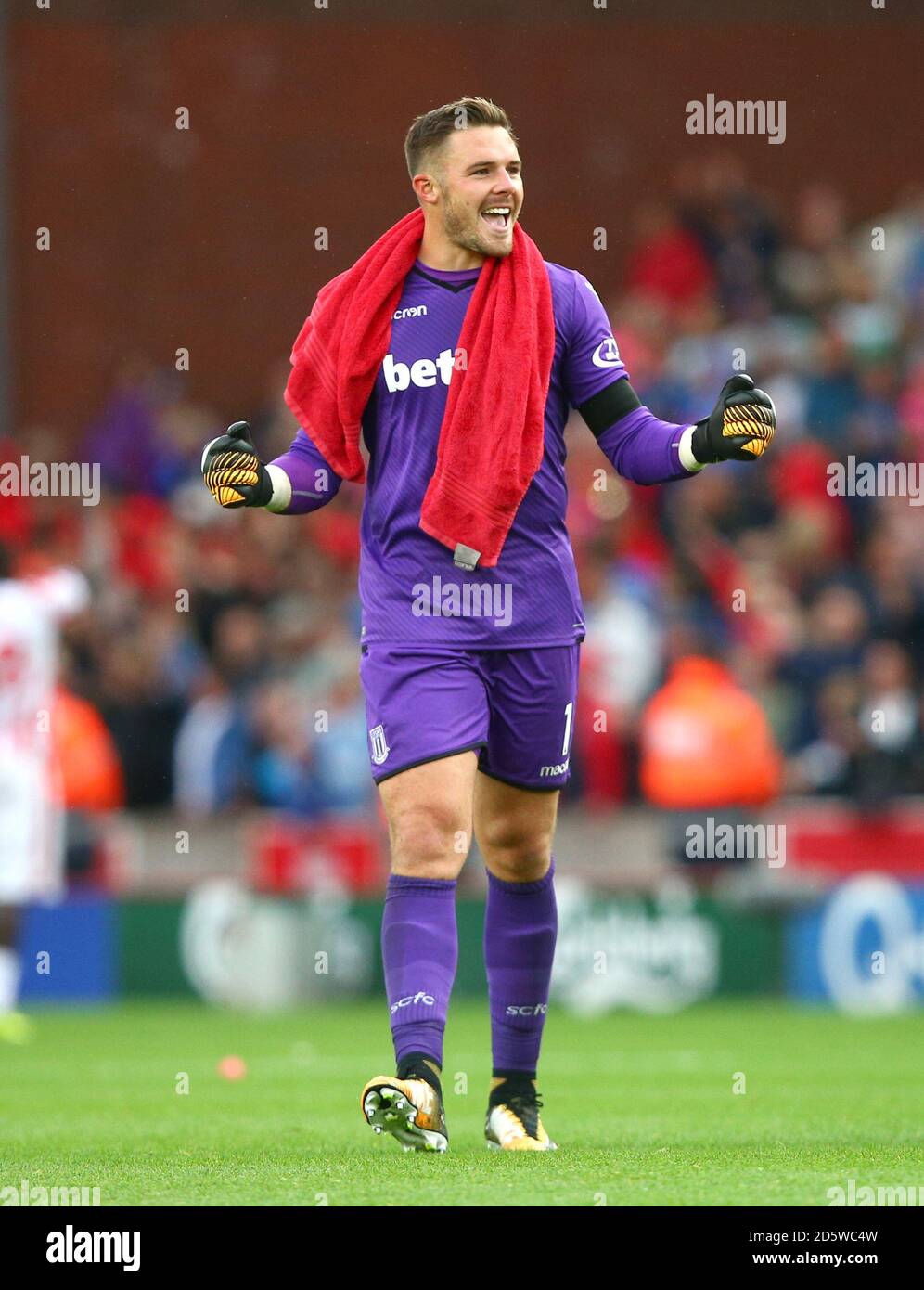 Stoke City goalkeeper Jack Butland celebrates his sides win after the ...