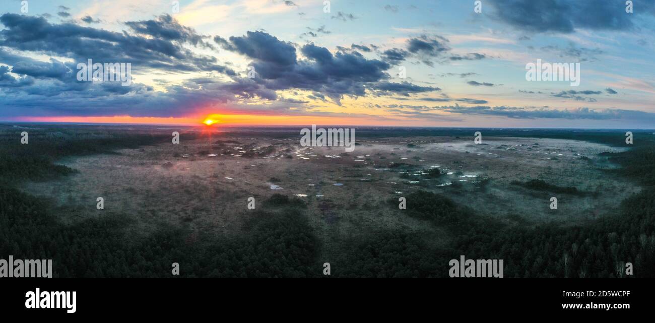 Aerial view over lake rich peat bog in the sunrise foggy morning Stock ...