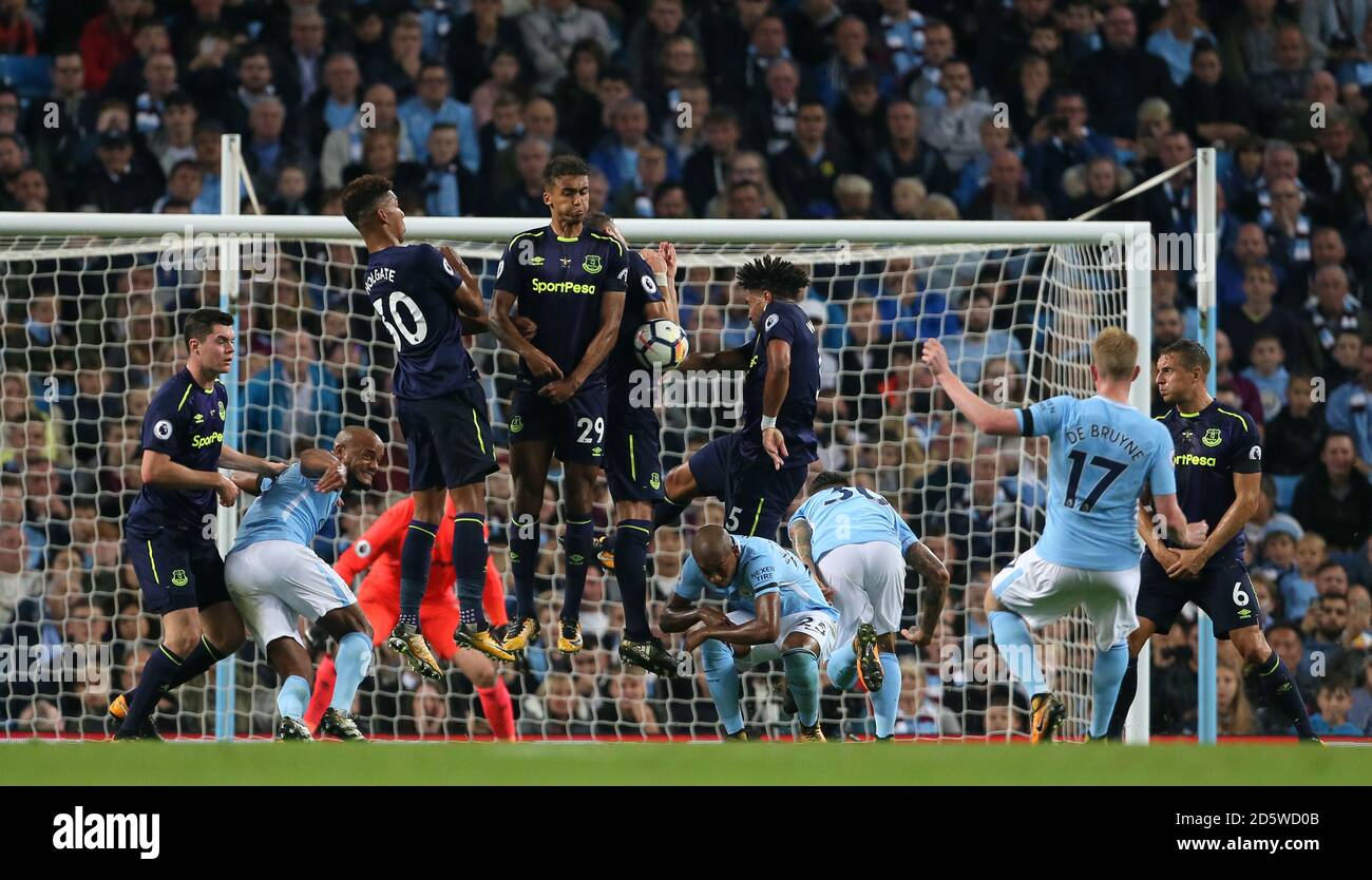Manchester City's Kevin De Bruyne has a free kick blocked by the ...