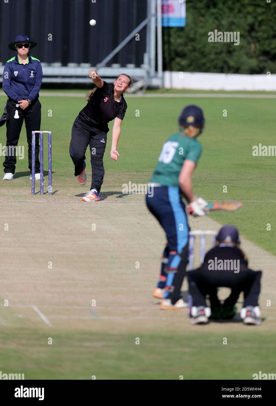 Team Knight's Stephanie Hutchins bowls towards team Brunt's Sarah Glenn ...
