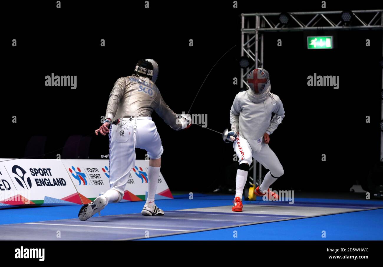 England's James Edwards and Scotland's Sam McLellan compete during the ...