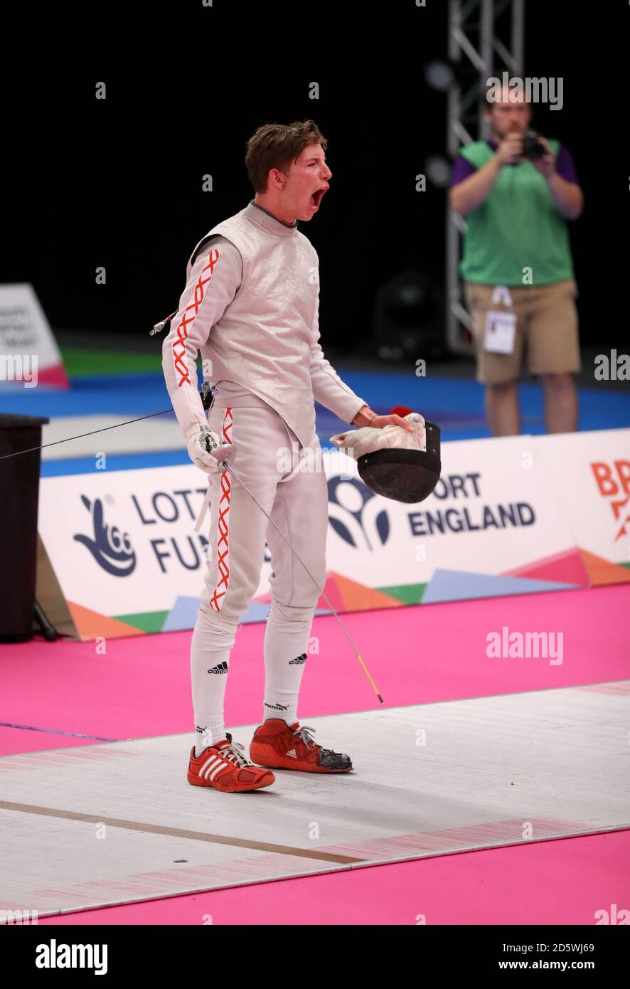 England's Dominic De Almeida celebrates winning the Mens Foil Final ...