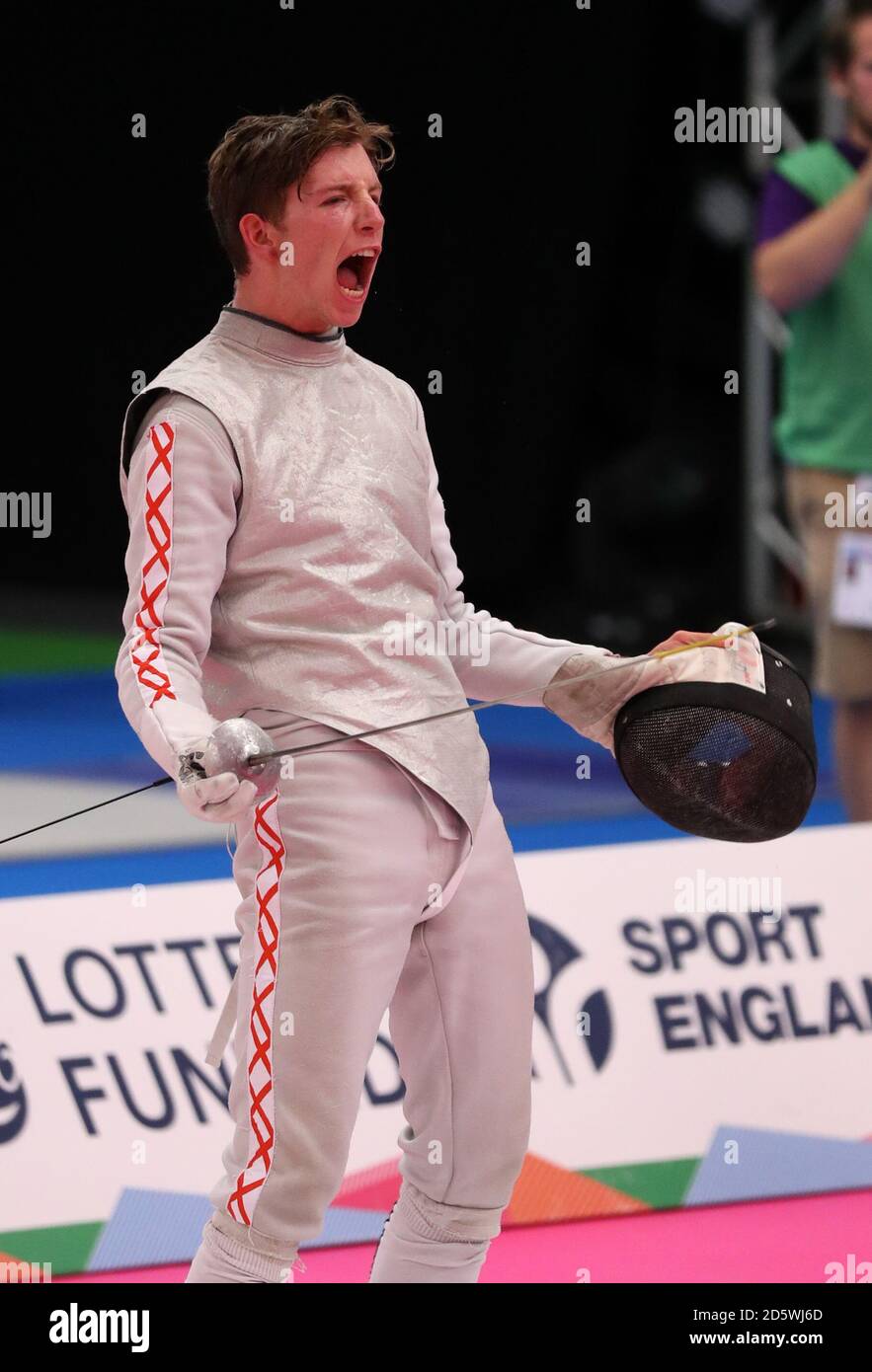 England's Dominic De Almeida celebrates winning the Mens Foil Final ...