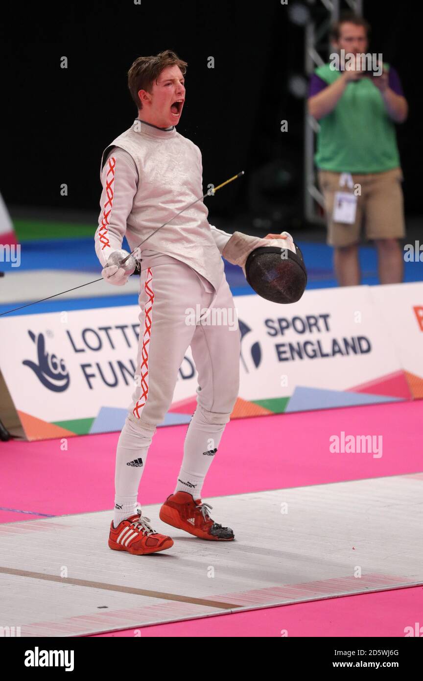 England's Dominic De Almeida celebrates winning the Mens Foil Final ...