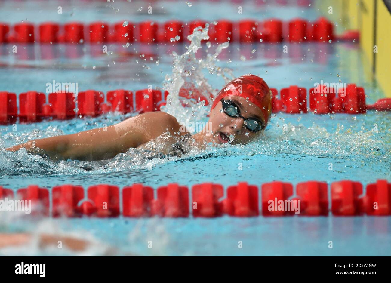 Wales' Rebecca Sutton wins the Girls 200m in the swimming during day ...