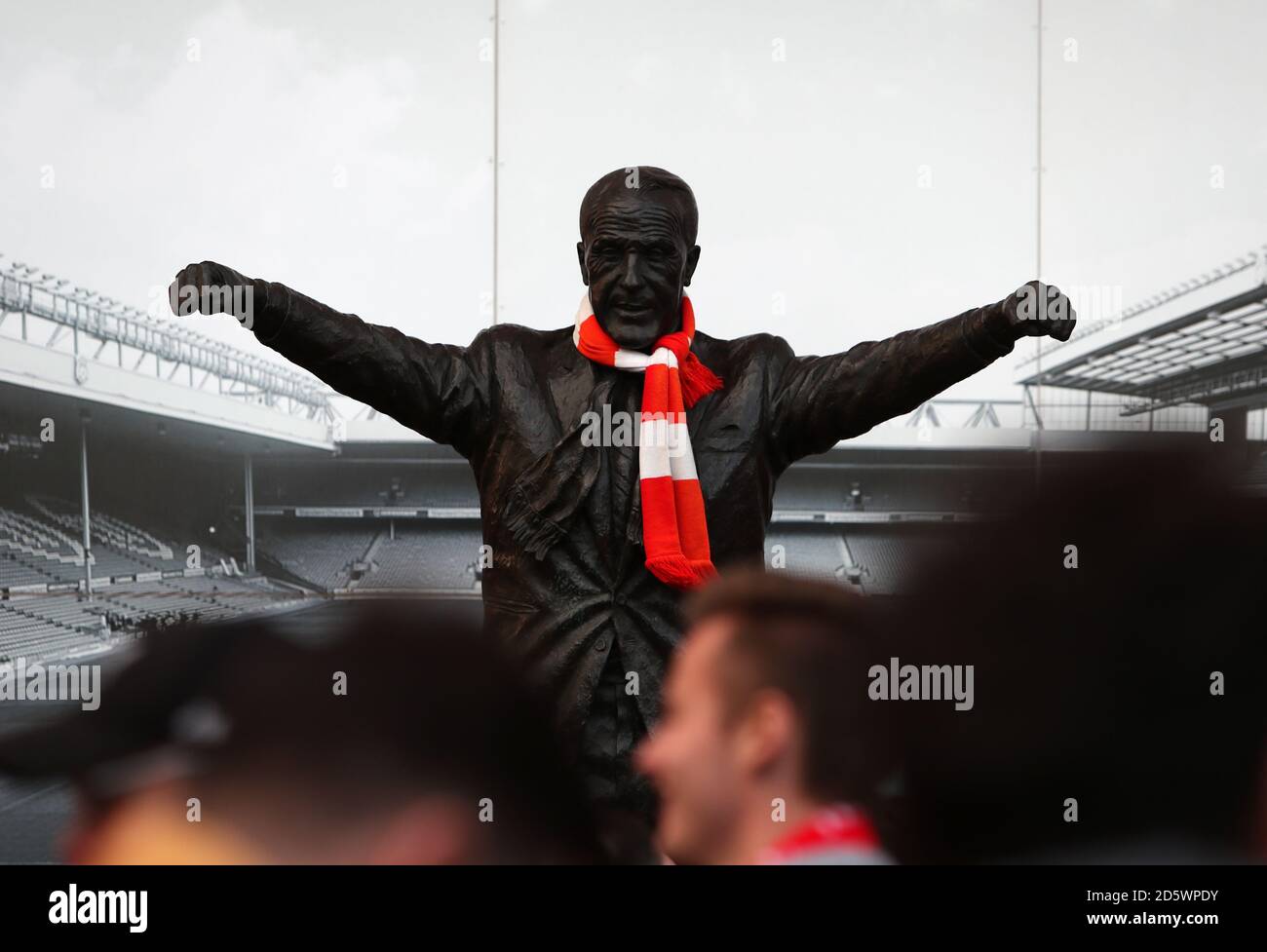 The Bill Shankly statue wearing a Liverpool scarf outside Anfield prior ...