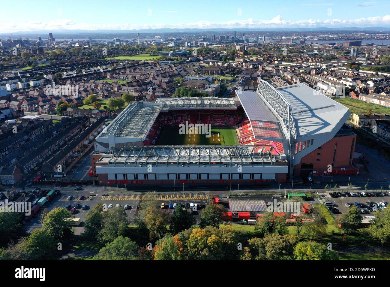 A general view of Anfield Stadium taken by drone from Stanley Park ...