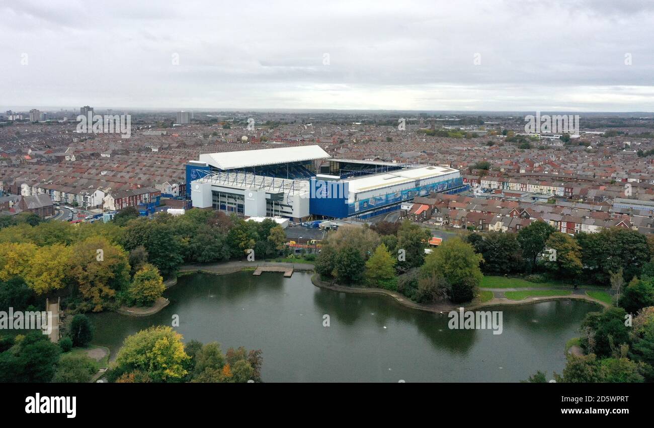 A general view of Goodison Park taken by drone from Stanley Park Stock ...