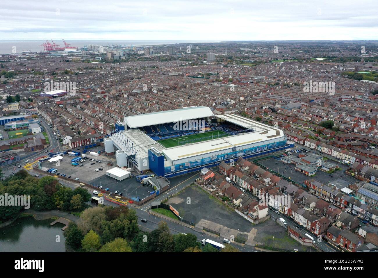 A general view of Goodison Park taken by drone from Stanley Park Stock ...