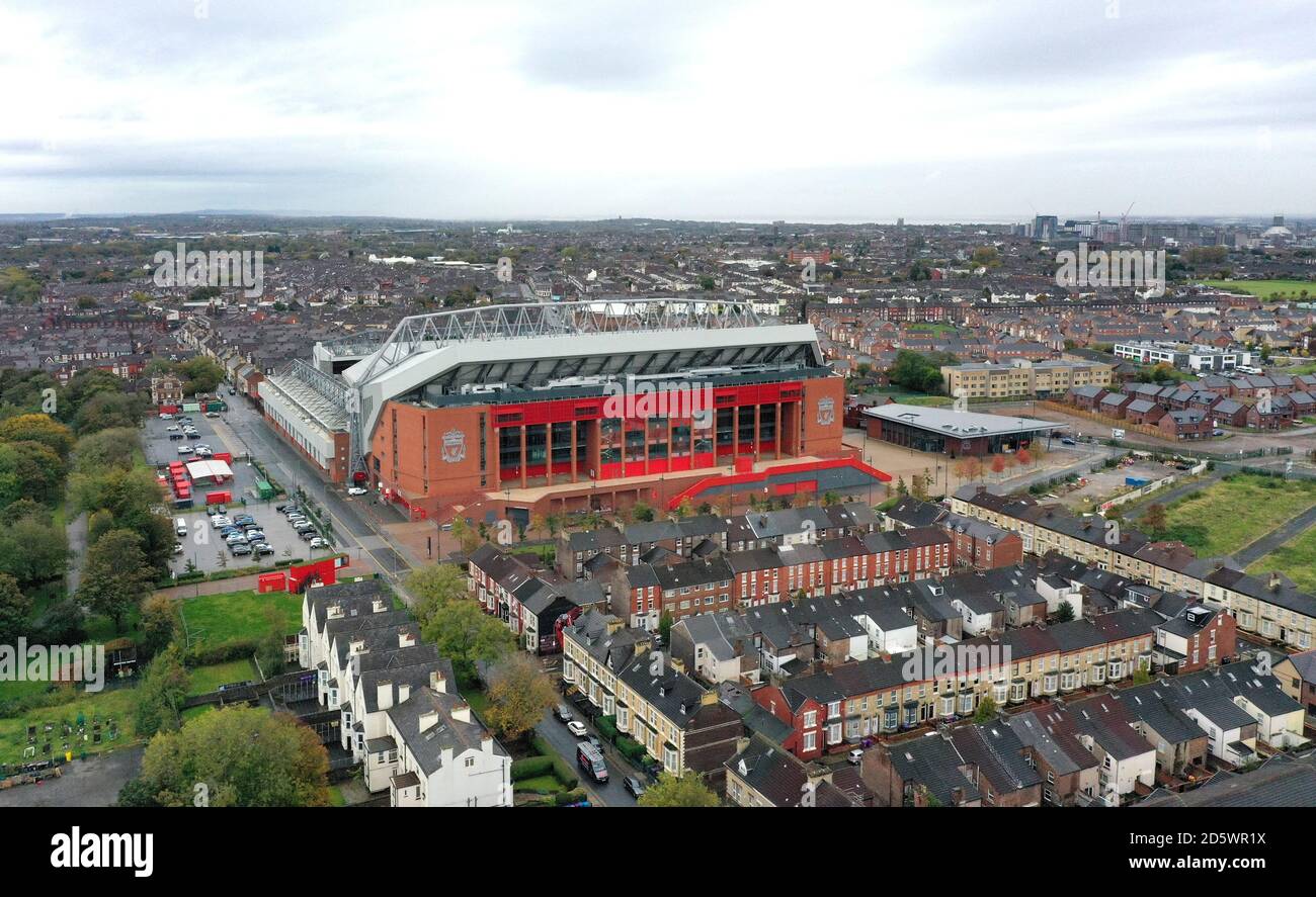 A general view of Anfield Stadium taken by drone from Stanley Park ...
