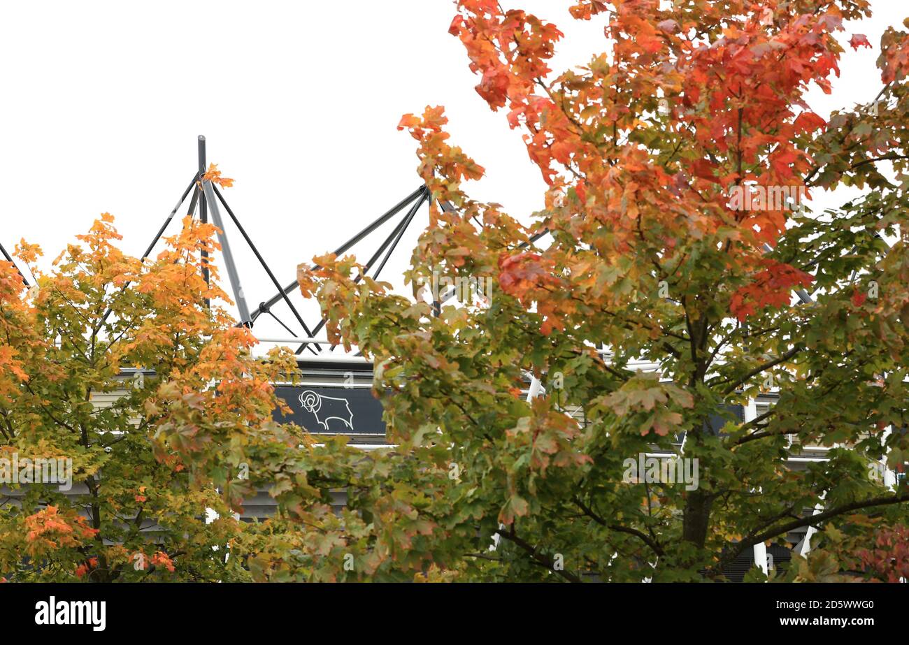 Autumnal colours outside Pride Park before kick-off Stock Photo - Alamy