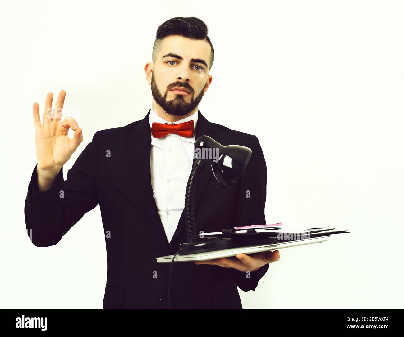 Work done successfully. OK sign shown by successful employer in suit ...