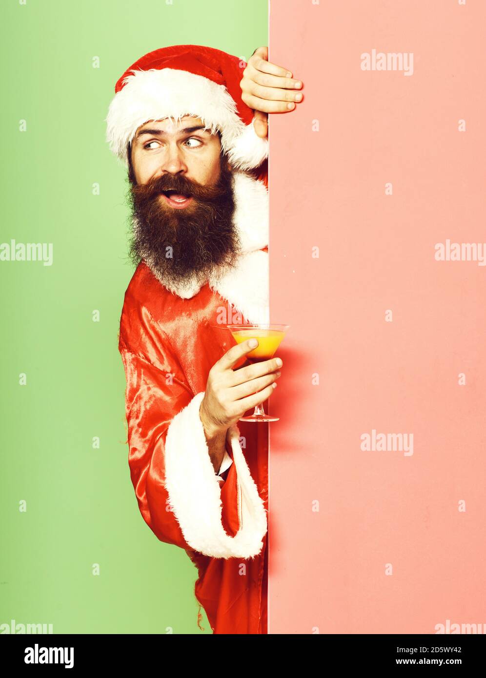 handsome bearded santa claus man with long beard on happy face holding ...
