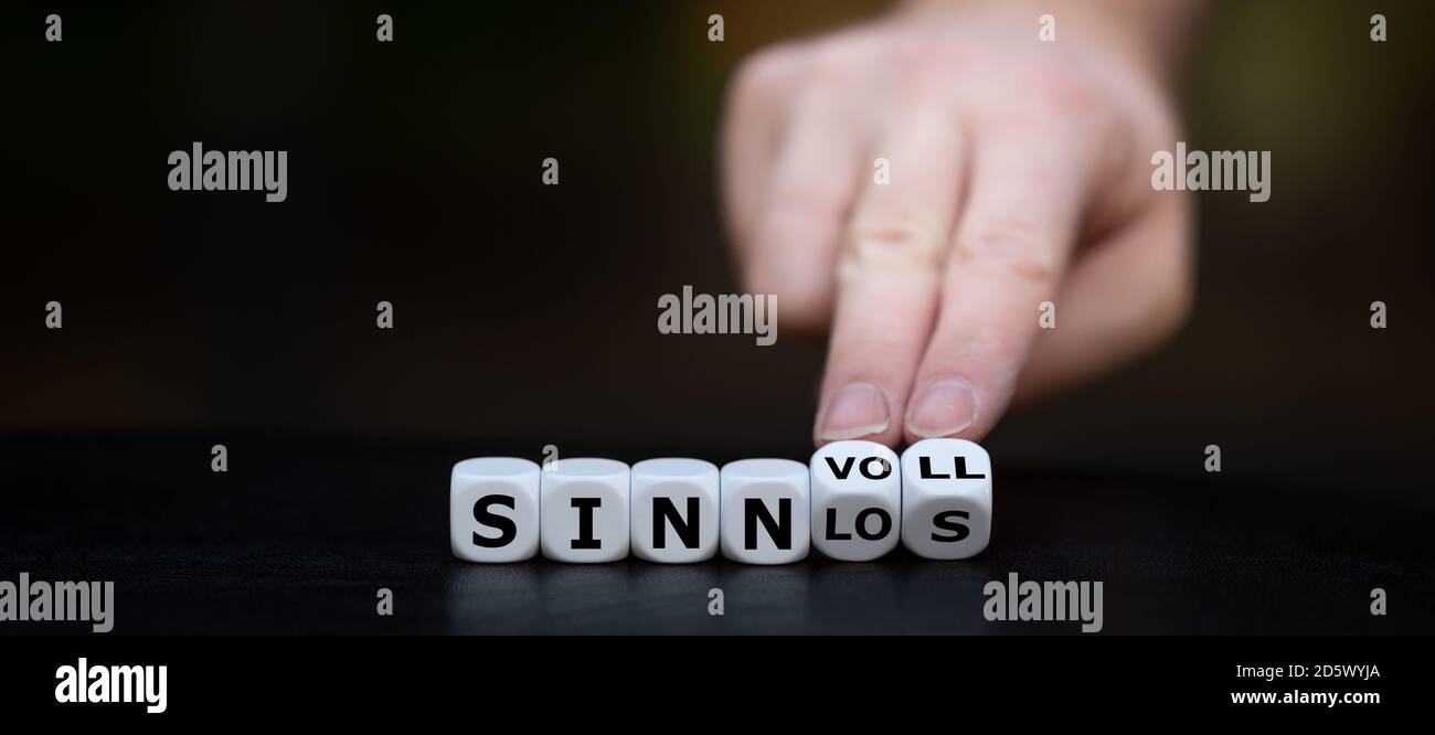 Hand turns dice and changes the German word "sinnlos" (meaningless) to ...