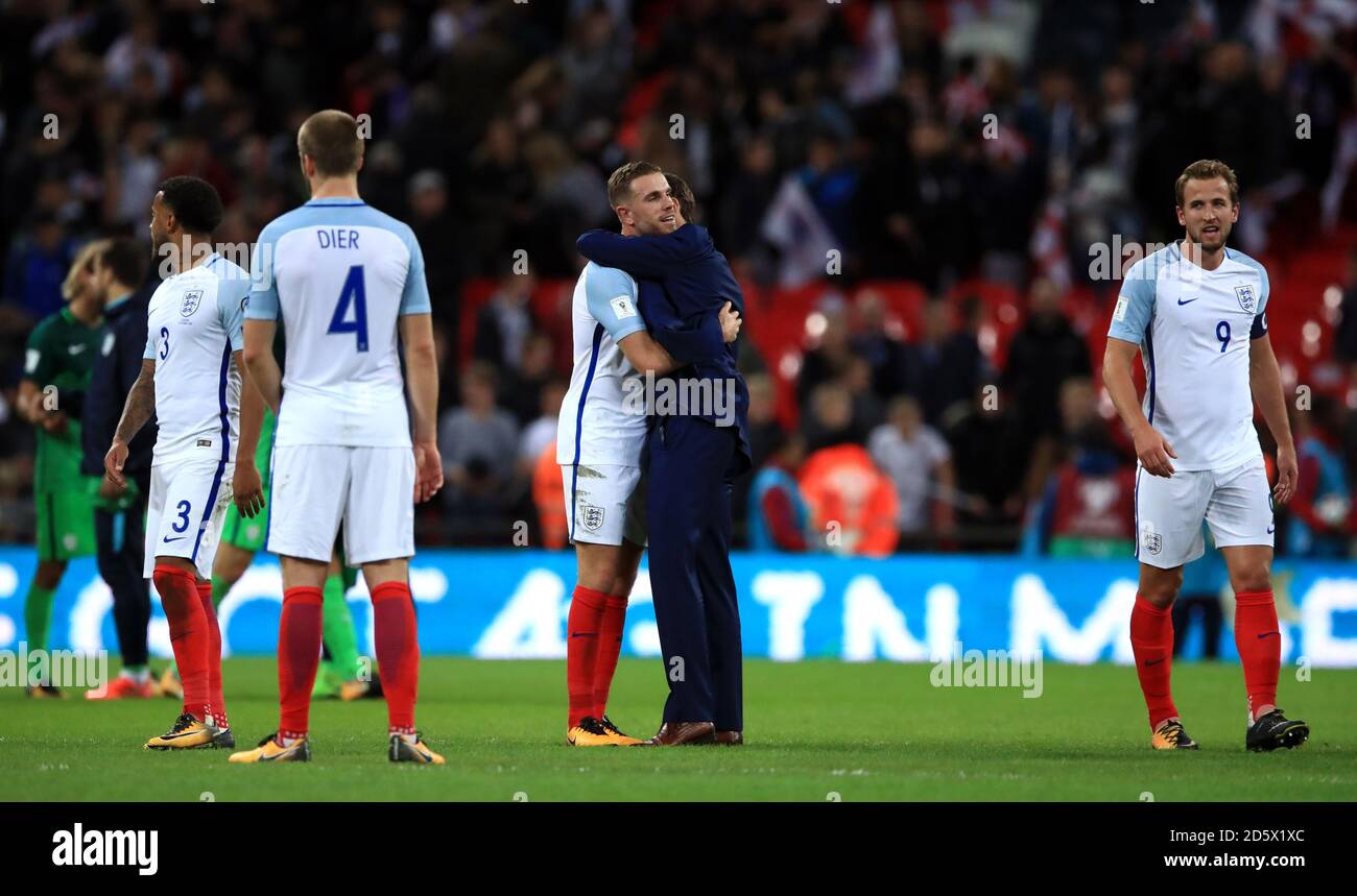 England's Jordan Henderson celebrates with manager Gareth Southgate at ...