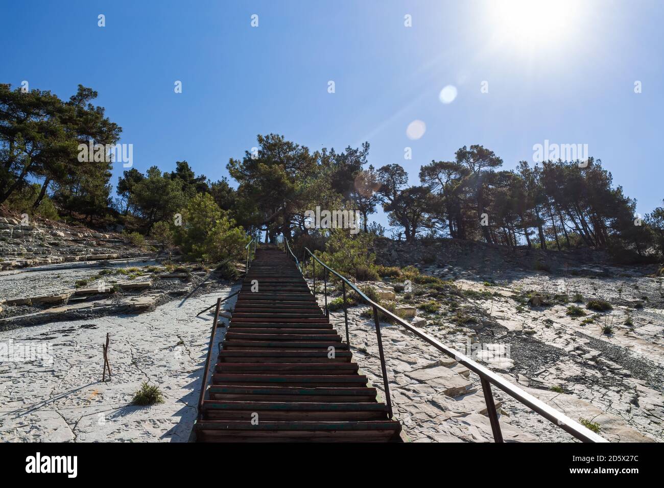 Picturesque summer landscape. A staircase on white rocks leading to the ...