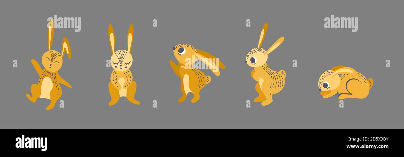Cute cartoon rabbits collection. Funny golden hares on gray background ...