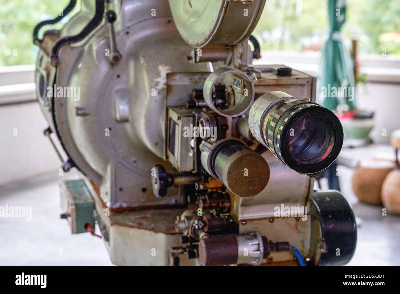A close-up of the appearance of a retro vintage film movie projector ...