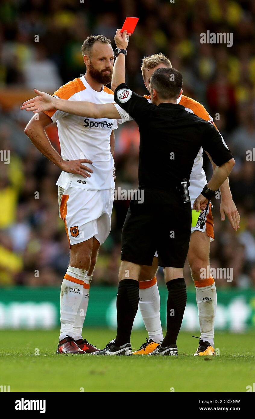 Hull City's David Mayler is shown a red card Stock Photo - Alamy