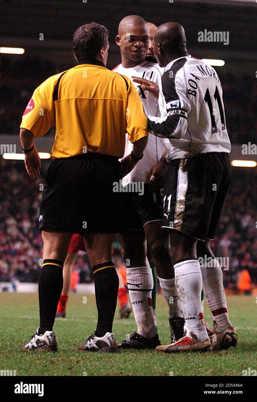 Fulham captain Luis Boa Morte and referee Alan Wiley have words with ...