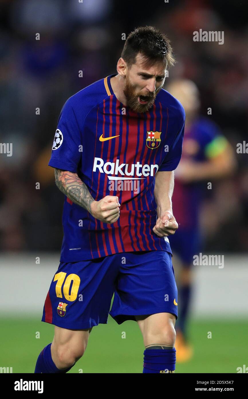 Barcelona's Lionel Messi celebrates scoring his side's second goal of ...